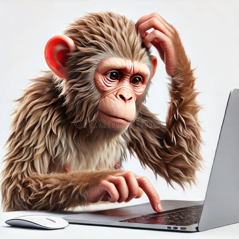 The Monkey Looks Attentively at the Laptop Screen. Stock Image - Image ...