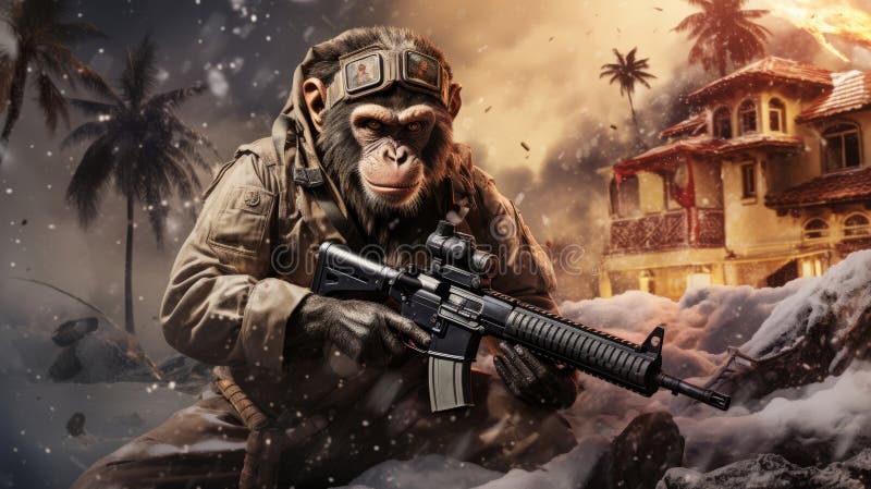 Monkey with a Machine Gun in Military Clothes Stock Illustration - Illustration of gangster ...