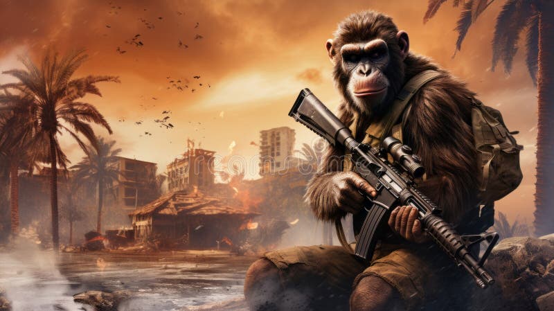 Monkey with a Machine Gun in Military Clothes Stock Illustration ...