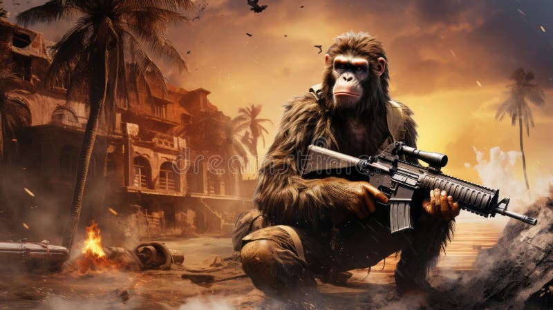 Monkey with a Machine Gun in Military Clothes Stock Illustration ...