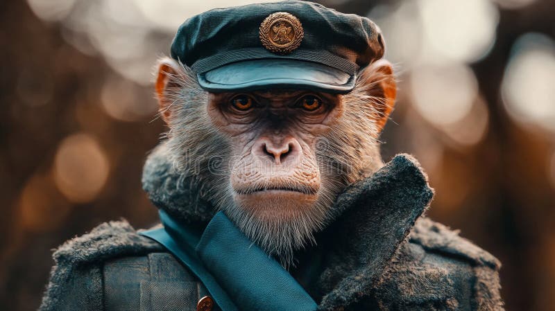 Monkey Dressed in Military Uniform Poses in a Forest Setting during ...