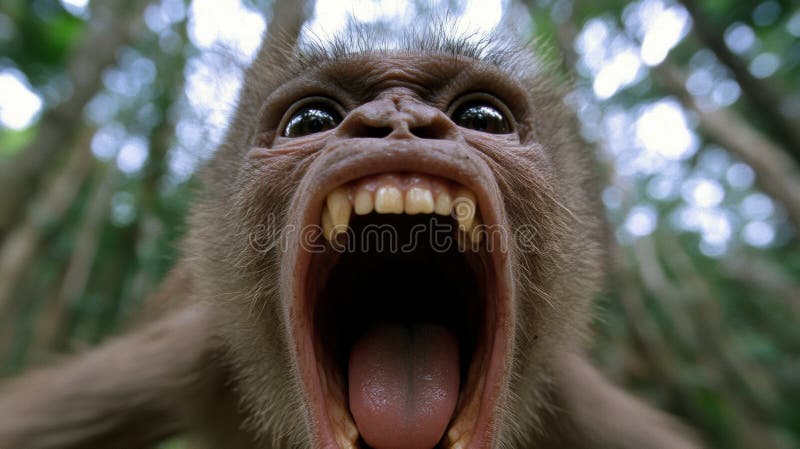 A Monkey with Mouth Wide Open in a Lush Forest Setting, AI Stock Image ...