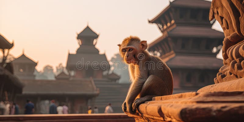 Monkey Near the Temple at Sunset Stock Photo - Image of clouds, monkey ...
