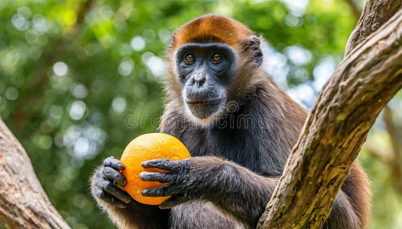 A Monkey with an Orange on a Tree Branch in the Jungle Stock ...