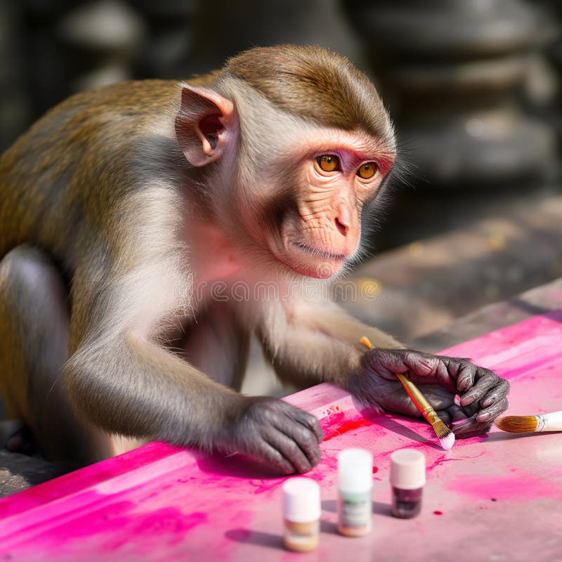 Monkey Paints Nails with Pink Polish, Funny Illustrations Stock ...