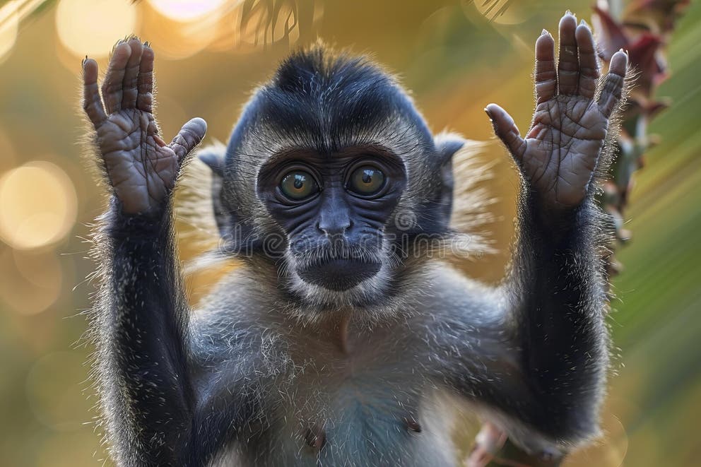 Monkey in the Palm Tree Holding Two Hands Up in the Air Stock ...