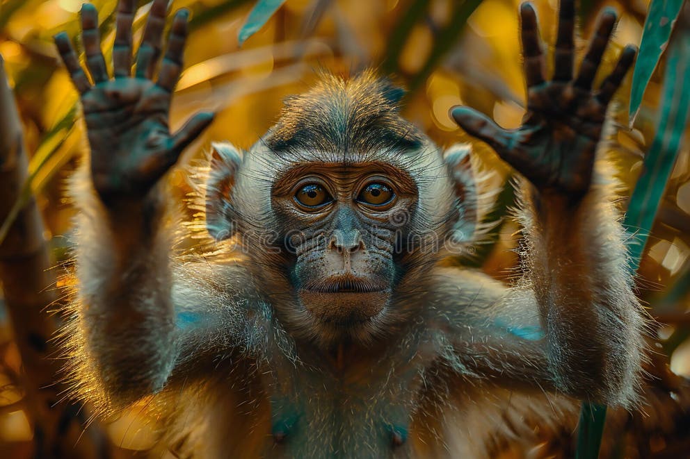 Monkey in the Palm Tree Holding Two Hands Up in the Air Stock ...