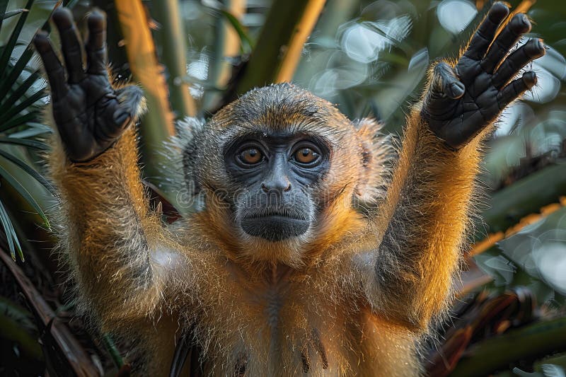 Monkey in the Palm Tree Holding Two Hands Up in the Air Stock ...