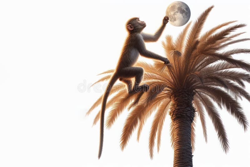 A Monkey on a Palm Tree Reaches for the Full Moon on a Light Background ...