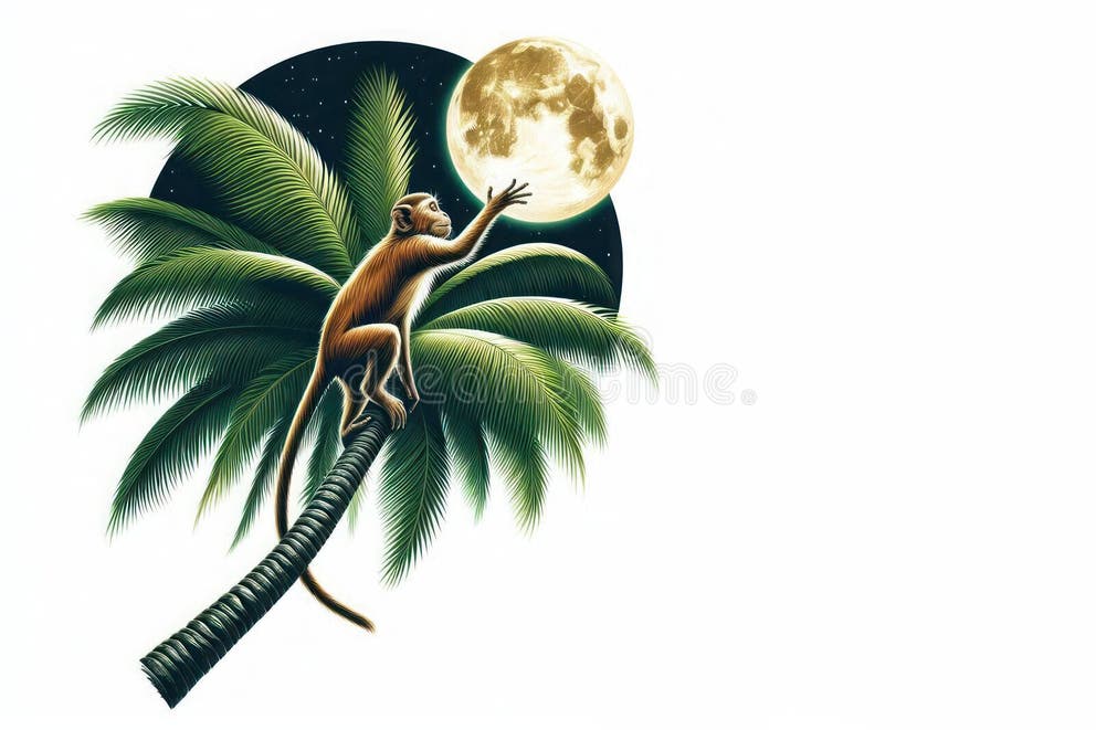 A Monkey on a Palm Tree Reaches for the Full Moon. Space for Text ...