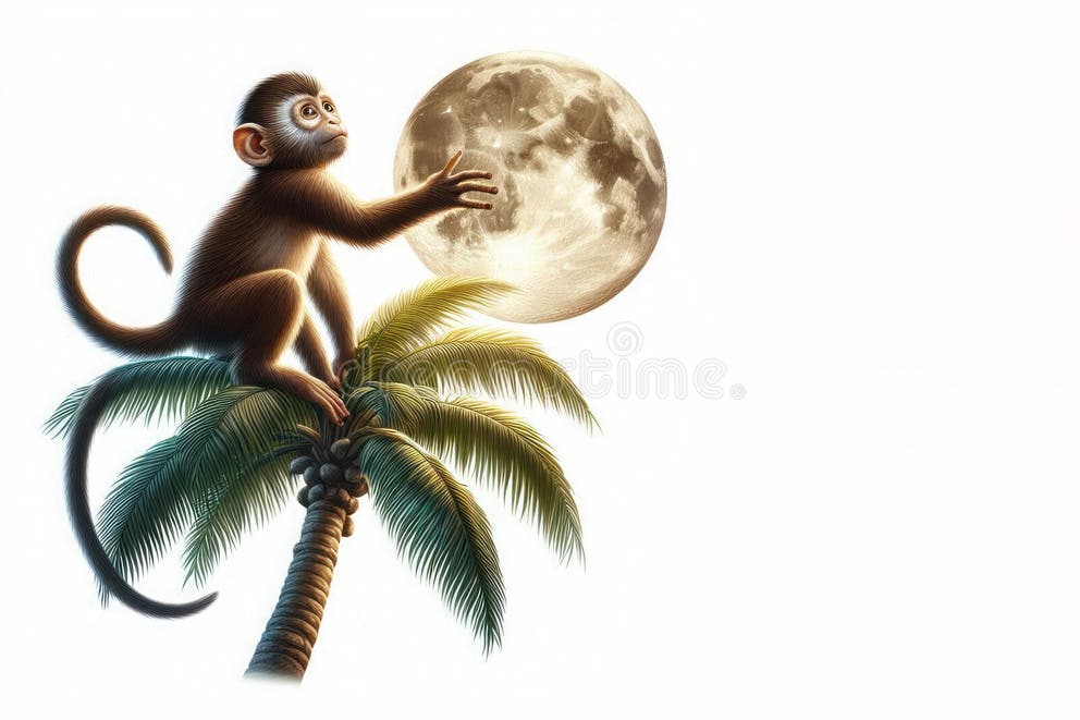 A Monkey on a Palm Tree Reaches for the Moon. Space for Text. Stock ...