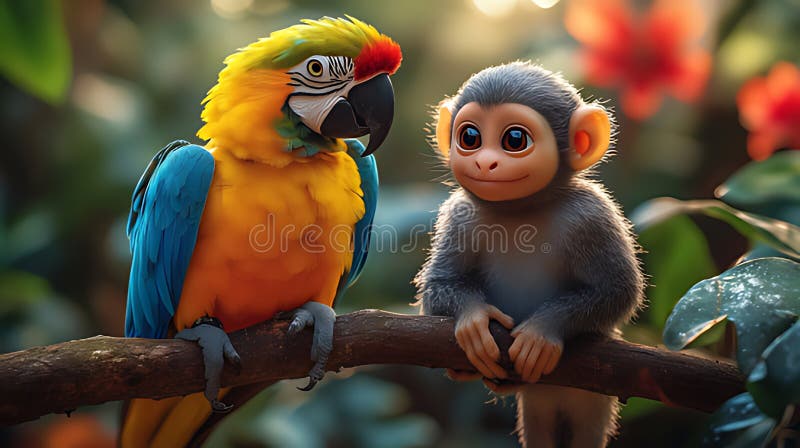 Monkey and Parrot Jungle Friendship, Sunset Bokeh Stock Illustration ...