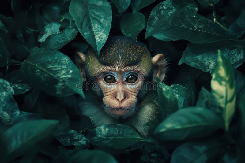 A Monkey Peeking through Lush Green Leaves in a Tropical Environment ...