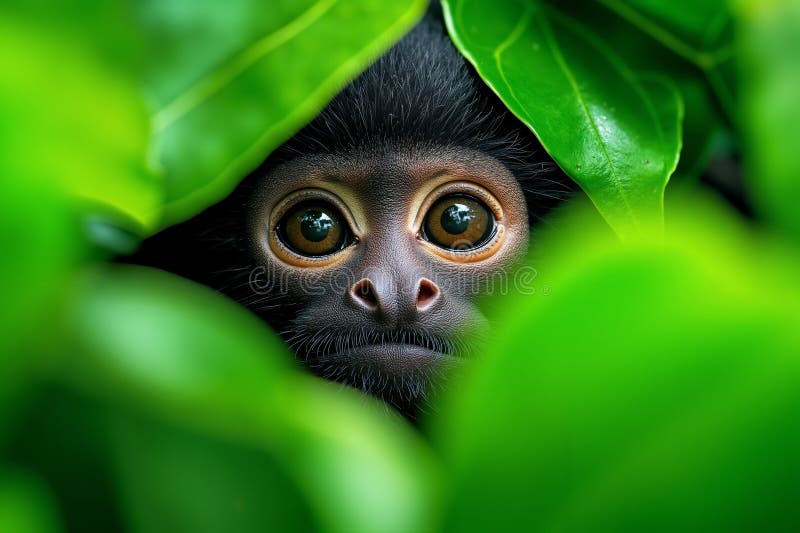A Monkey Peeking Out from Behind a Green Leafy Tree Stock Photo - Image ...