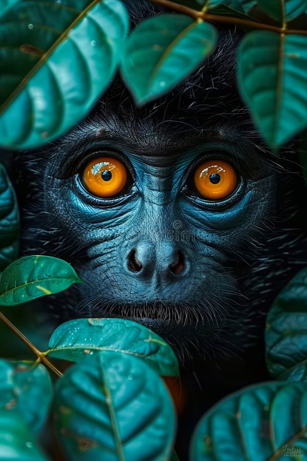 A Monkey Peeking Out from Behind Leaves Stock Photo - Image of gorilla ...