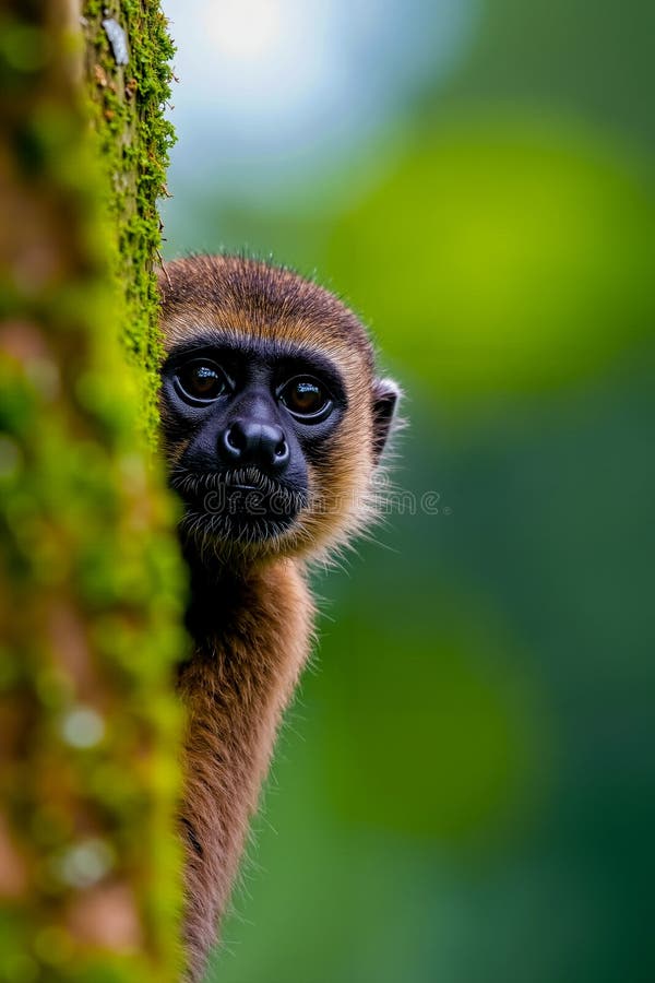 Monkey Peeking Out Behind Tree Jungle Stock Photos - Free & Royalty ...