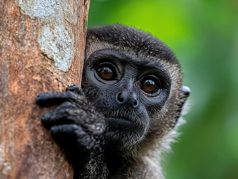 Monkey Peeking Out Behind Tree Trunk Stock Photos - Free & Royalty-Free ...