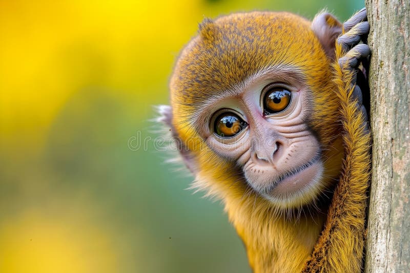 A Monkey Peeking Out from Behind a Tree Trunk Stock Photo - Image of ...