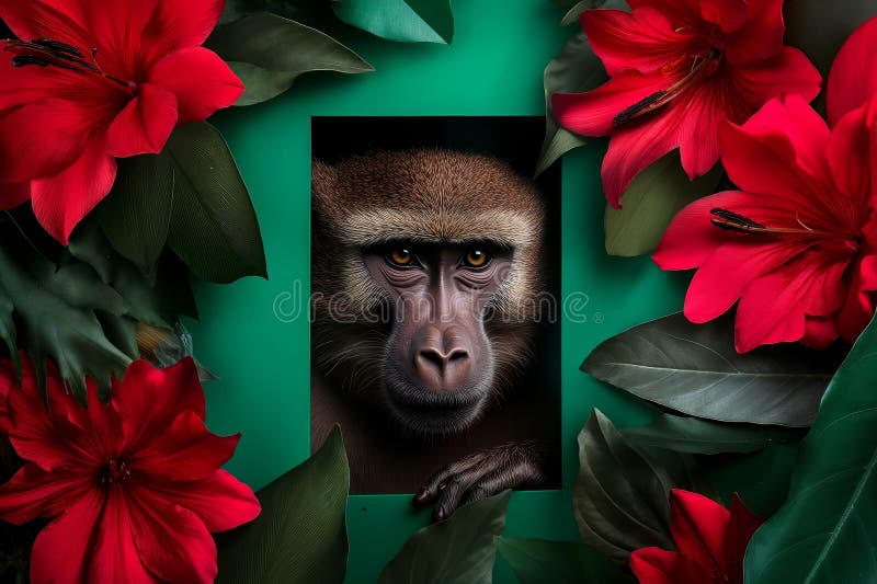 A Monkey Peeking Out of a Hole in a Green Frame Surrounded by Red ...