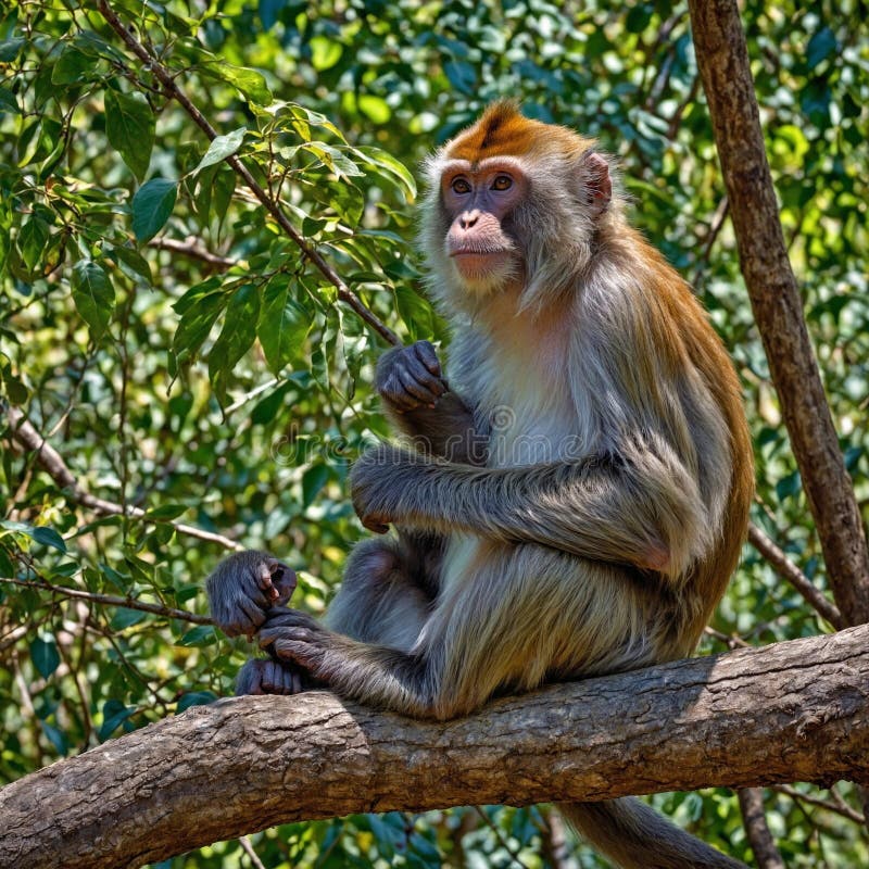A Monkey Perched on a Thick Tree Branch, Surrounded by Lush Green ...