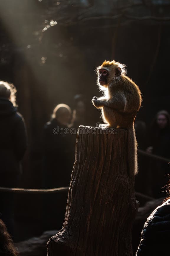 A Monkey Perched on Top of a Wooden Tree Stump, Looking Around Stock ...