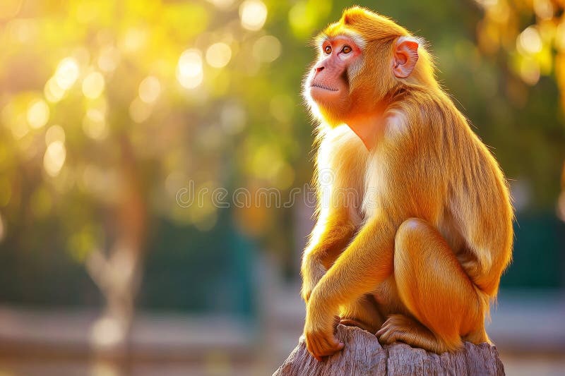 A Monkey Perches on a Fallen Log, with Selective Focus on Certain ...