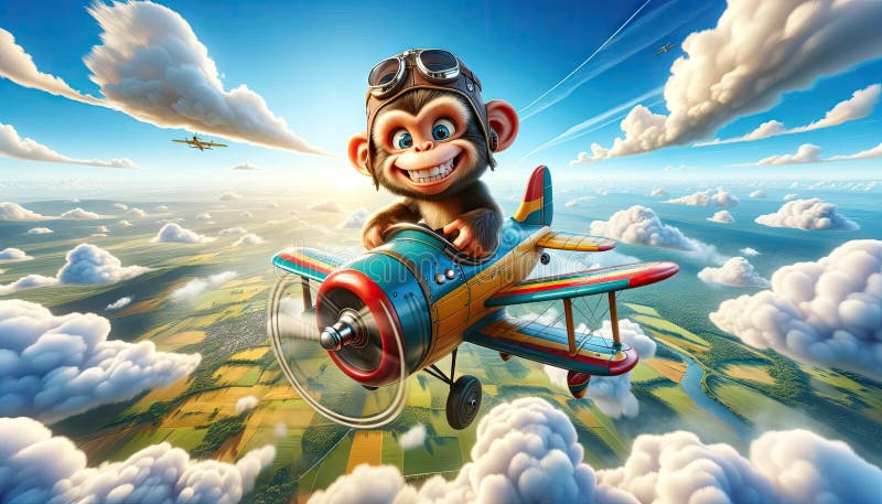 Monkey Pilot in the Sky stock illustration. Illustration of aerial ...