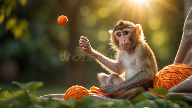 Adorable Baby Monkey Playing with Yarn Balls in Golden Sunlight Stock ...