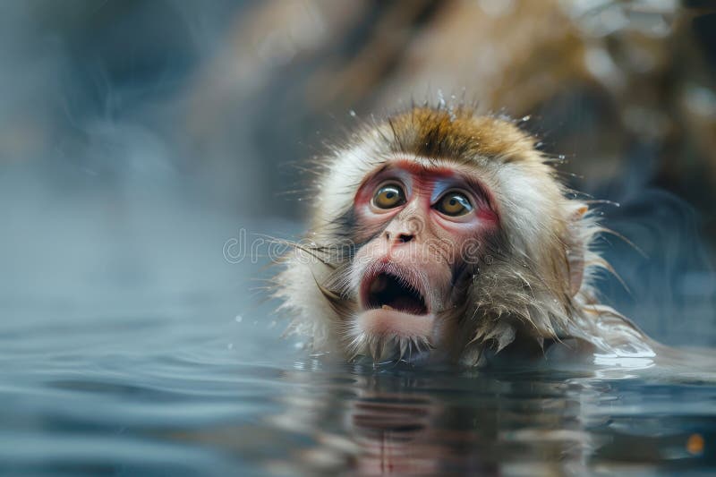 A Monkey Playing in a Hot Spring of Water. Monkey Bathing in Hot Water ...