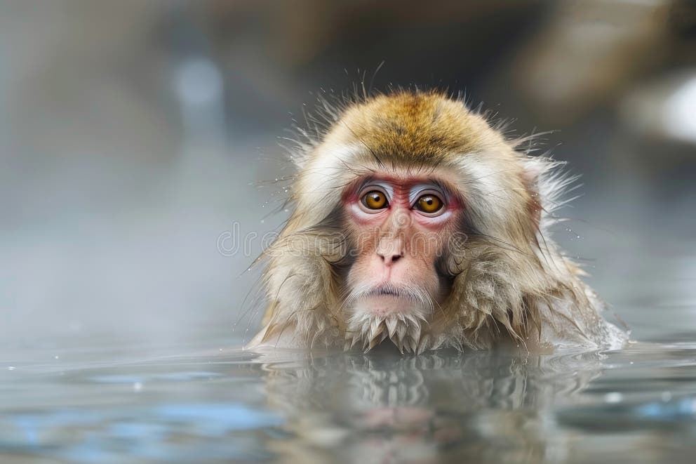 A Monkey Playing in a Hot Spring of Water. Monkey Bathing in Hot Water ...