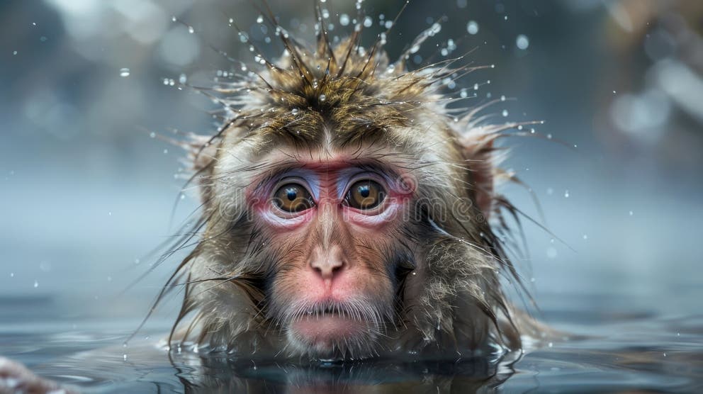 A Monkey Playing in a Hot Spring of Water. Monkey Bathing in Hot Water ...