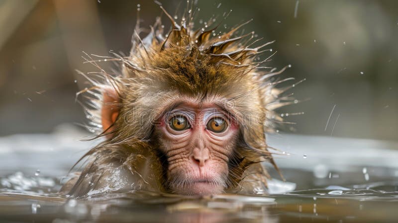 A Monkey Playing in a Hot Spring of Water. Monkey Bathing in Hot Water ...