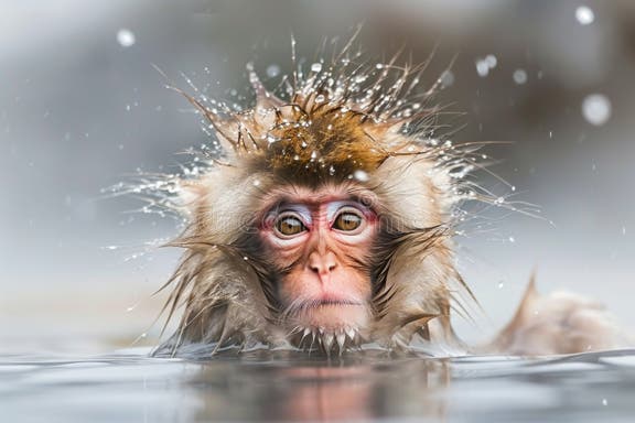 A Monkey Playing in a Hot Spring of Water. Monkey Bathing in Hot Water ...