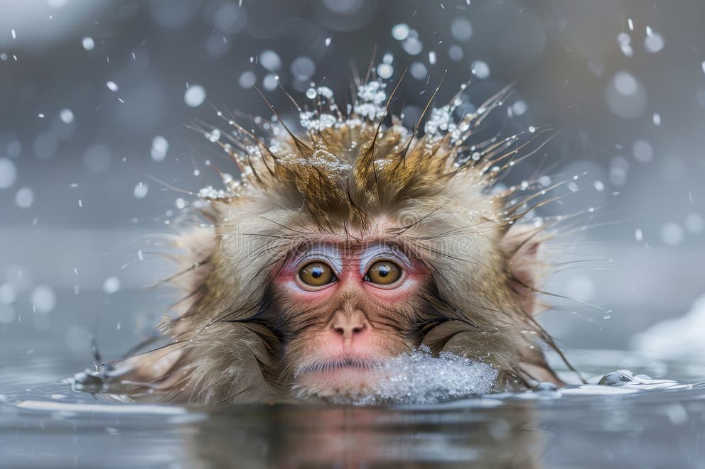 A Monkey Playing in a Hot Spring of Water. Monkey Bathing in Hot Water ...
