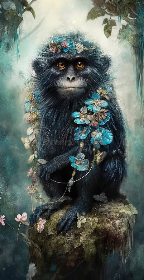 Monkey Portrait in the Jungle. Printable Vertical Painting. Generative ...
