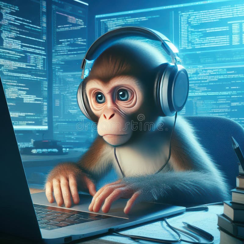 Monkey Programming on a Laptop with Headphones in a Tech-filled Environment Stock Illustration ...