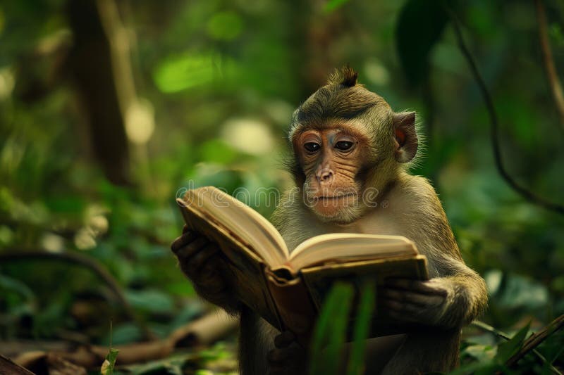 A Monkey is Reading a Book in the Forest, a Monkey Reads a Book in the ...