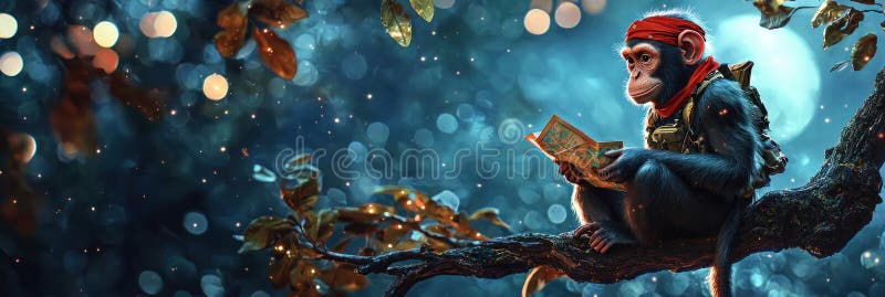 A Monkey Reading a Book on a Tree Branch, Surrounded by Twinkling ...