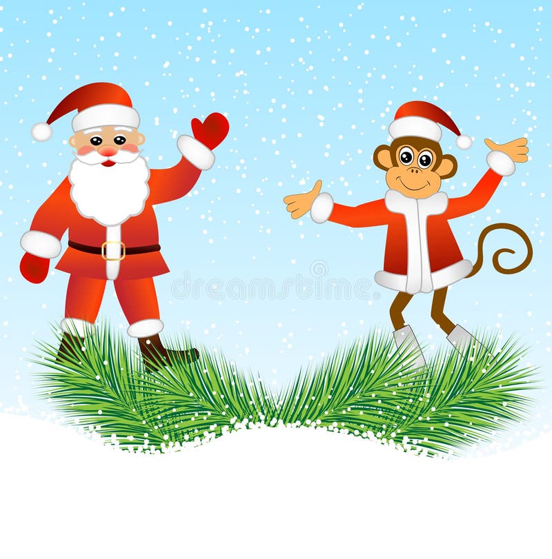 Monkey and Santa Claus Standing on the Branches of Spruce Stock Vector ...