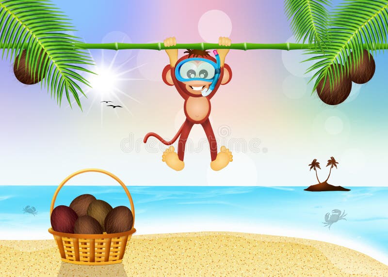 Monkey with scuba mask stock illustration. Illustration of fruit - 67467417