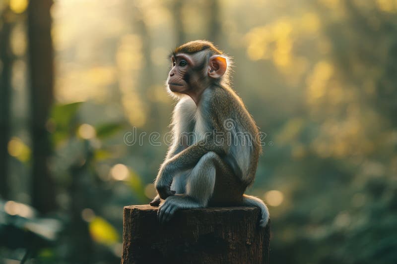 Monkey Seated on a Log in a Lush Forest during the Golden Hour Stock ...