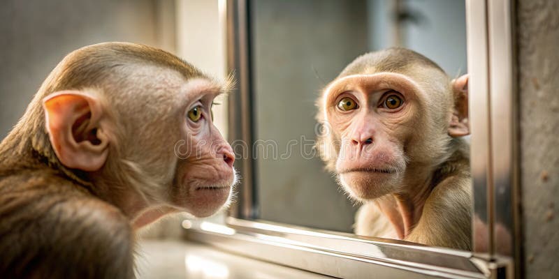 Monkey with Shaved Head Peering into Bathroom Mirror Soft Light Close ...