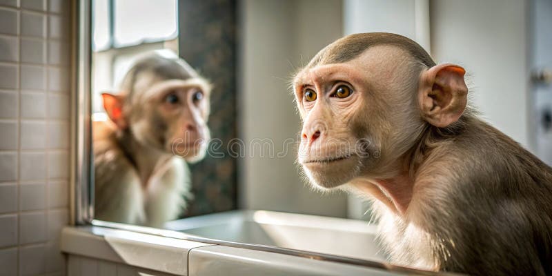 Monkey with Shaved Head Peering into Bathroom Mirror Soft Light Close ...
