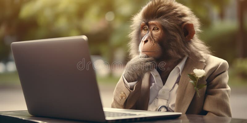 A Monkey Sits Annoyed in Front of the Computer Stock Illustration ...