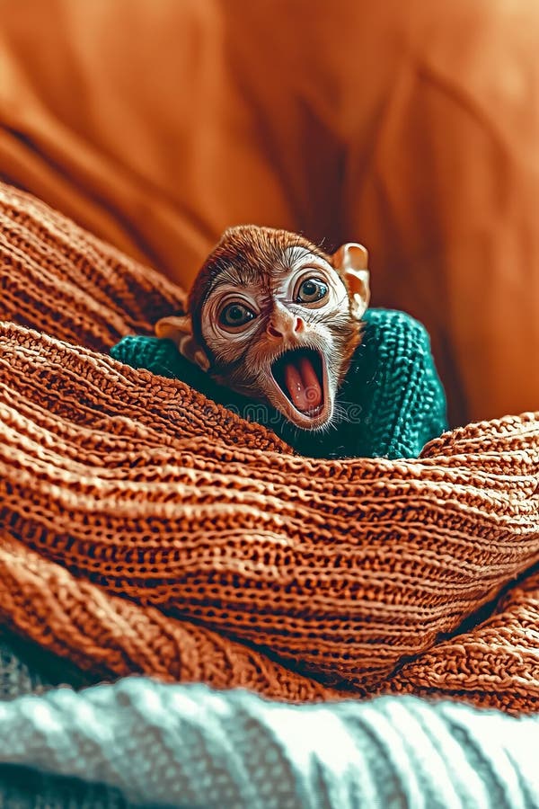 A Monkey Sits on a Couch, a Blanket Covering Its Back Its Mouth is ...