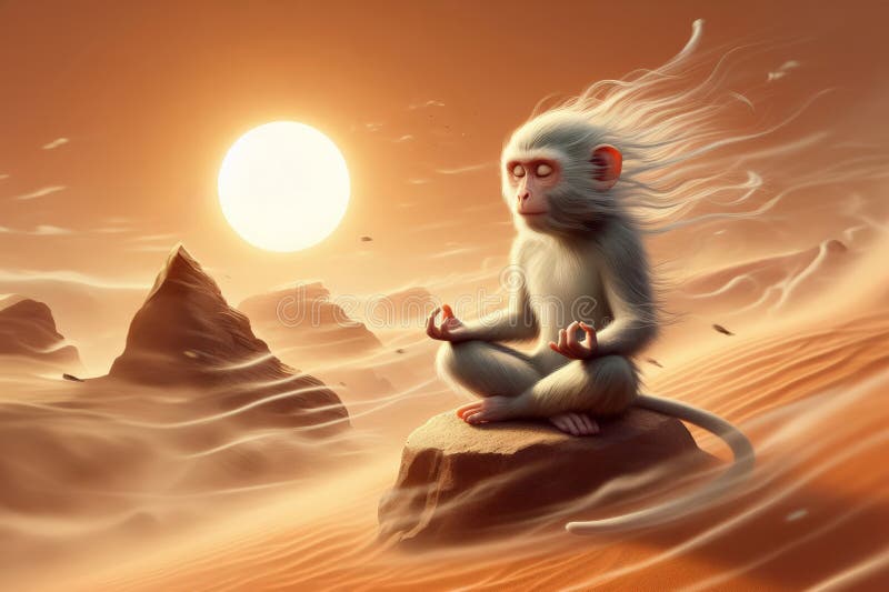 A Monkey Meditates in the Desert in the Lotus Position. Stock ...