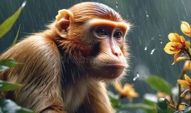 A Monkey Sits in the Rain, Looking Towards a Flower Stock Photo - Image ...