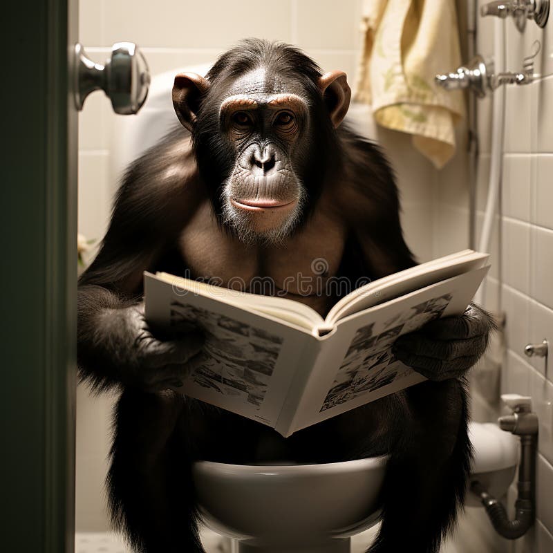 A Monkey Sits on a White Toilet and Reads a Book. Education Stock ...