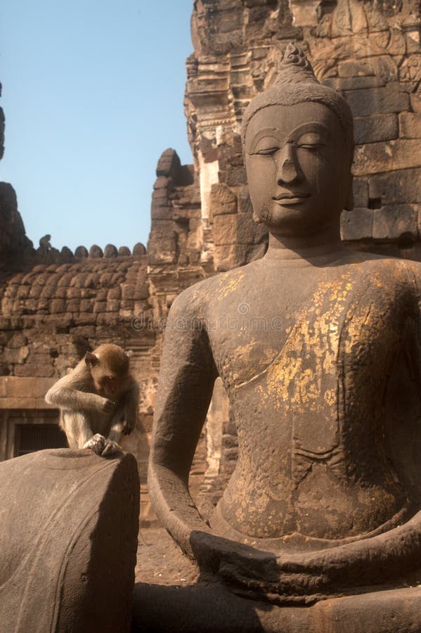 Monkey Sitting on Ancient Buddha. Stock Image - Image of building, asia ...