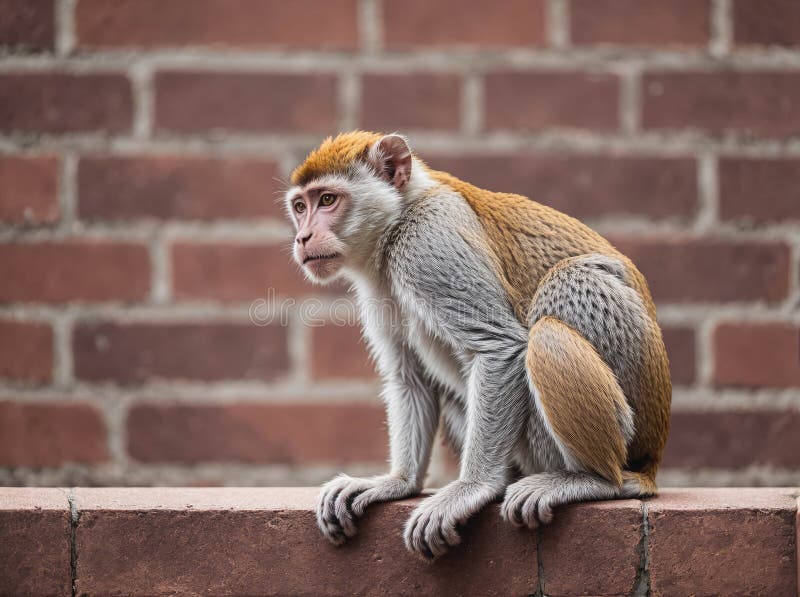 A Monkey is Sitting on a Brick Wall Stock Image - Image of bush, tree ...